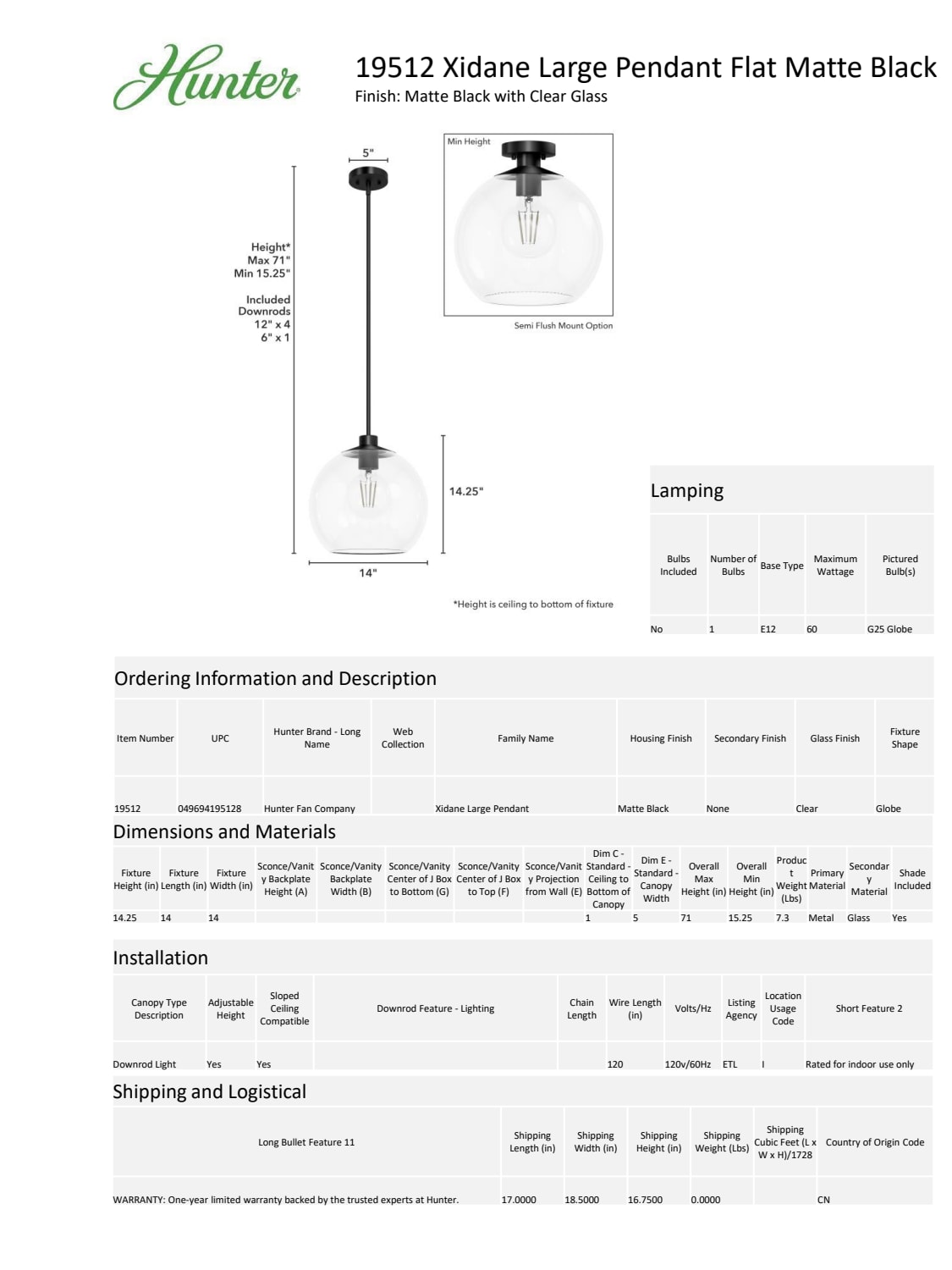Xidane Large Pendant - 19512 – Hunter Fan